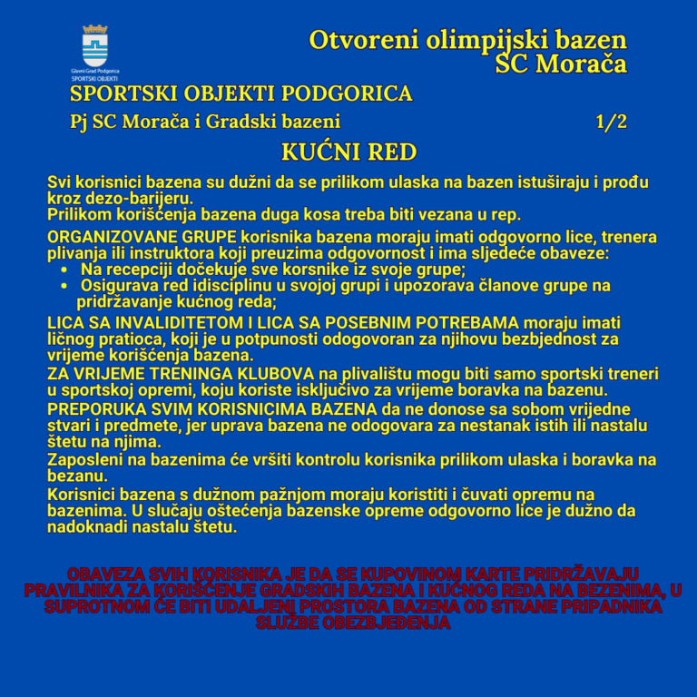 KUĆNI RED gradskih bazena SC Morača – Sportski objekti d.o.o.